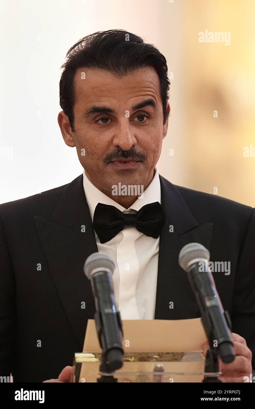 The Emir of Qatar Sheikh Tamim bin Hamad Al Thani speaking at a dinner at Mansion House in the ...