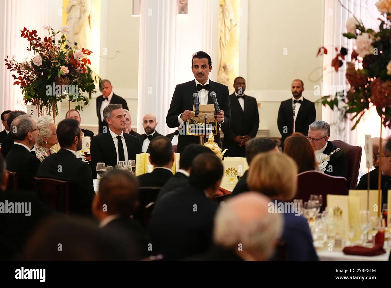The Emir of Qatar Sheikh Tamim bin Hamad Al Thani speaking at a dinner ...