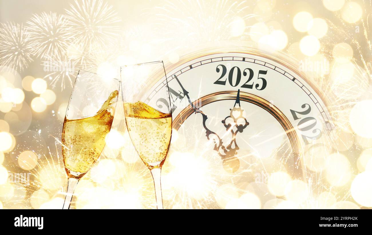 Vintage gold clock strikes New Year 2025 with glasses of champagne on a ...