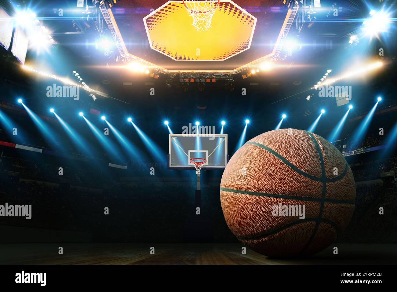 Basketball on the floor. Modern Basketball Arena with Rings with ...