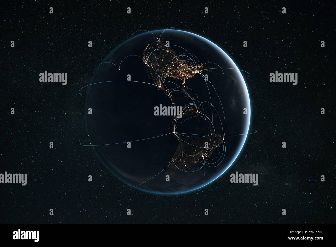 Night planet earth from space with light lines of communication and ...