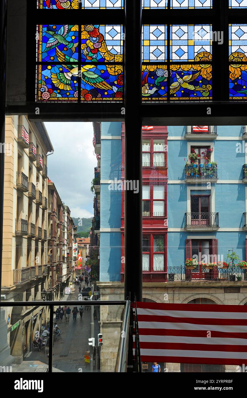 stained glass window of market hall of La Ribera, Erribera street ...