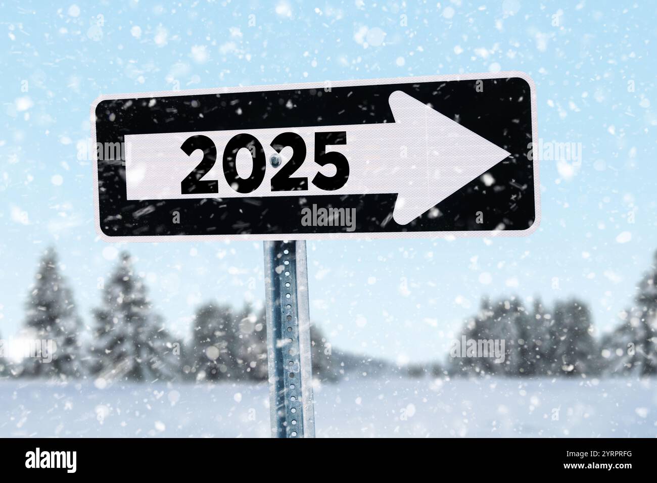 Sign 2025 path in winter landscape with snow. Journey 2025, concept ...