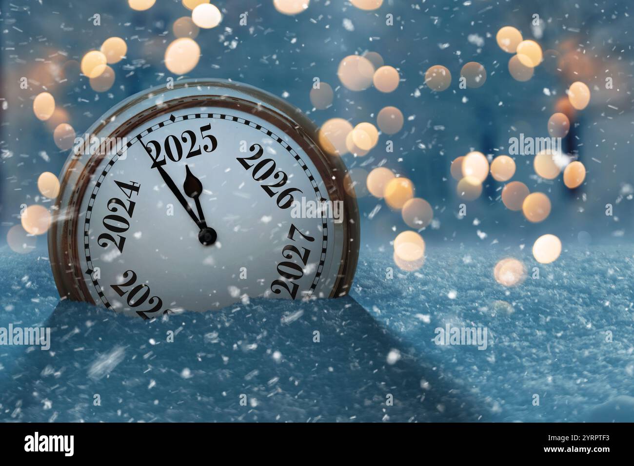 Vintage clock in the snow and points to the new year 2025. Beautiful ...