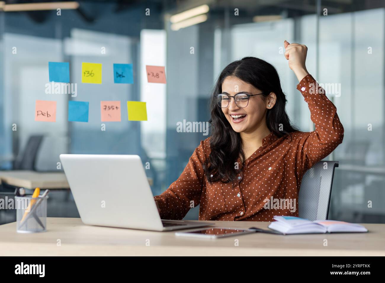 Successful indian businesswoman celebrates triumph hi-res stock ...