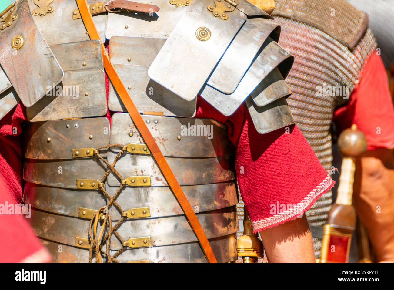 Armor of ancient Roman soldiers from behind on a historical re ...