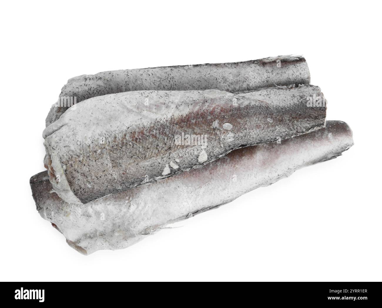 Three frozen hake fishes isolated on white, top view Stock Photo - Alamy