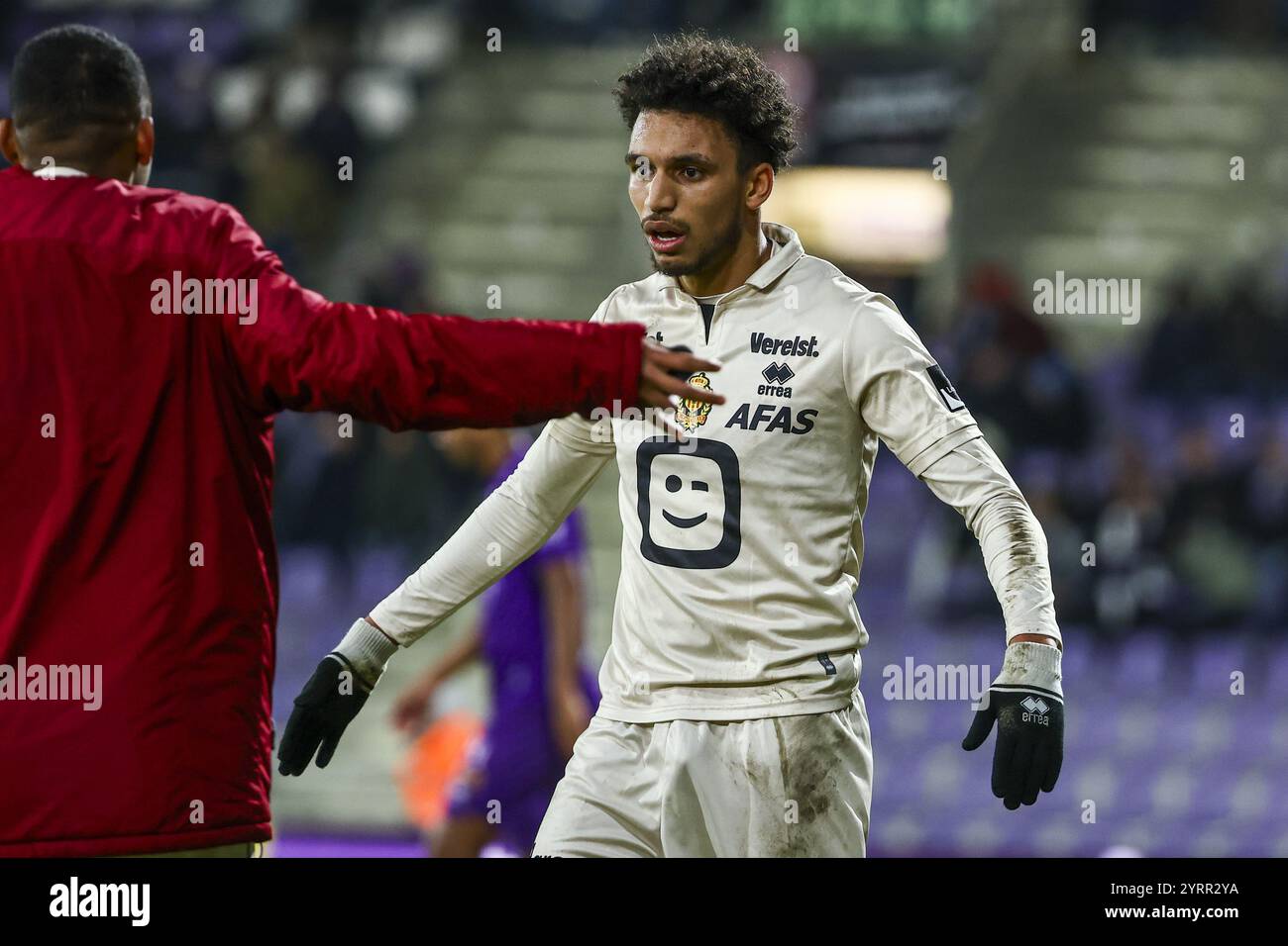 Antwerp, Belgium. 04th Dec, 2024. Mechelen's Bilal Bafdili celebrates ...