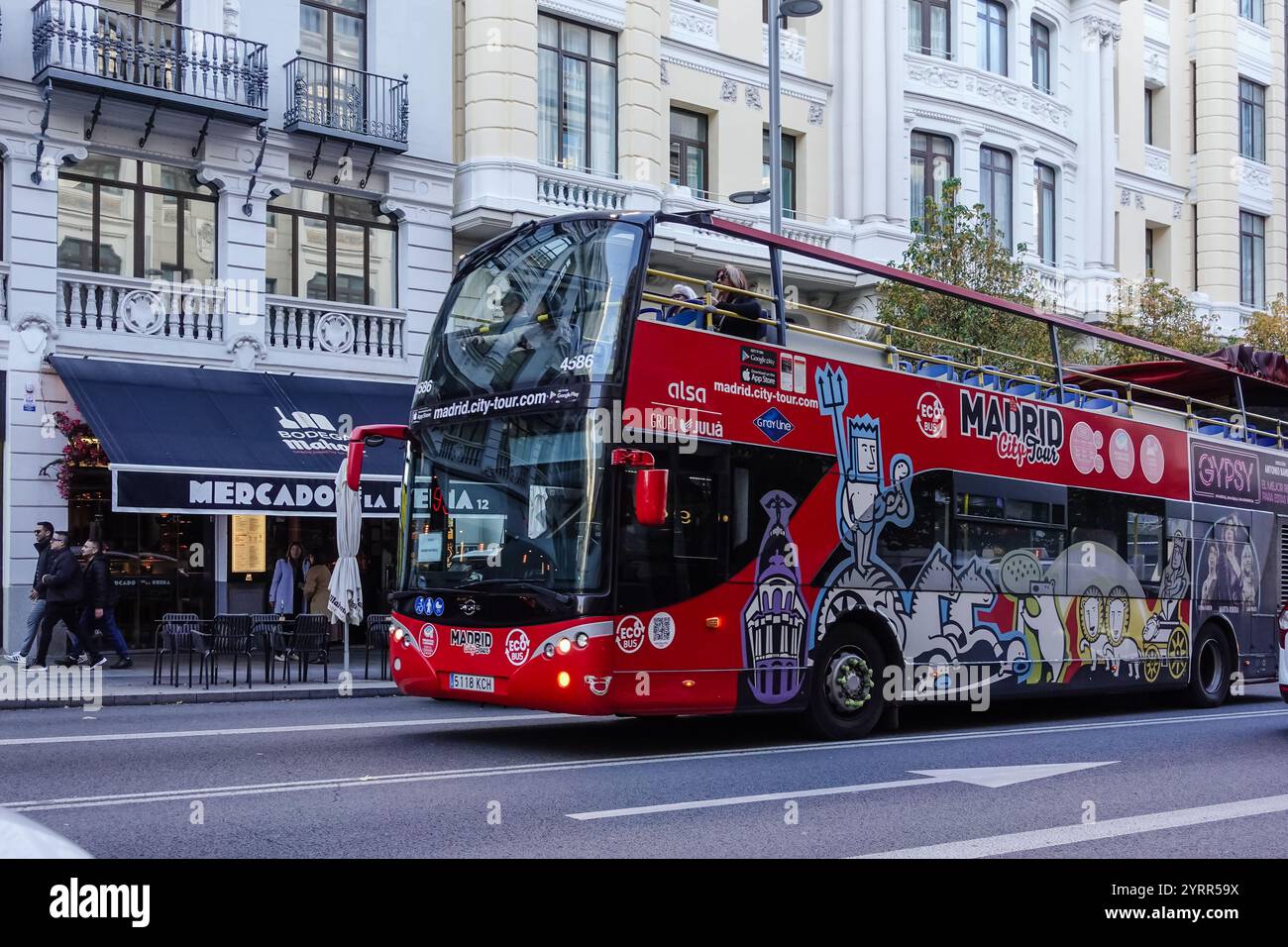 Red Double-Decker Tourist Bus on Gran Via, Madrid, Spain Stock Photo ...