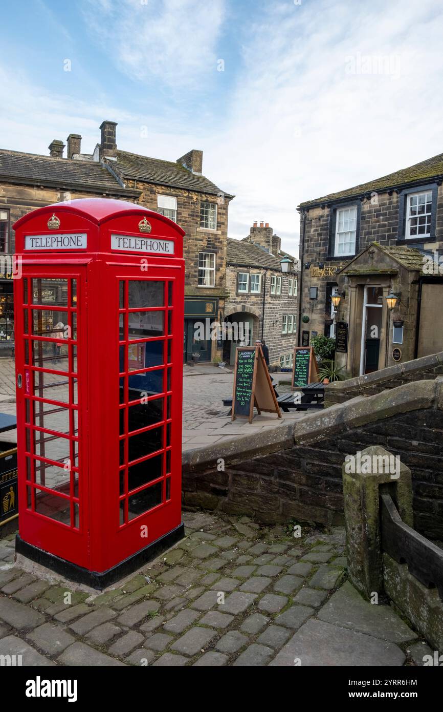 Red BT telephone box in Haworth, West Yorkshire Stock Photo - Alamy