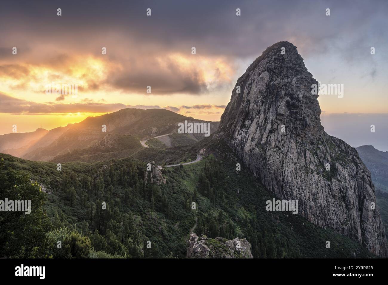 View of the Roque de Agando rock tower, one of La Gomera's landmarks ...
