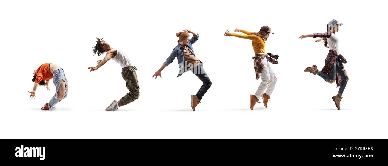 Group of young people performing a dance bridge isolated on white ...