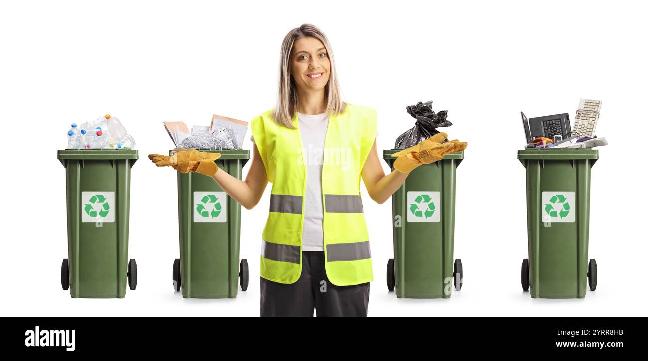 Female waste collector in front of bins for recycling isolated on white ...