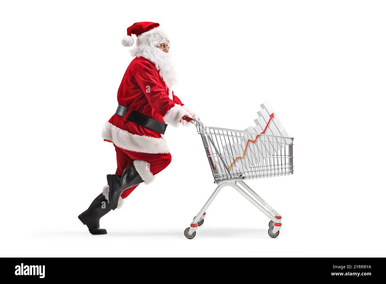 Santa Claus running and pushing a shopping cart with a bar chart for ...