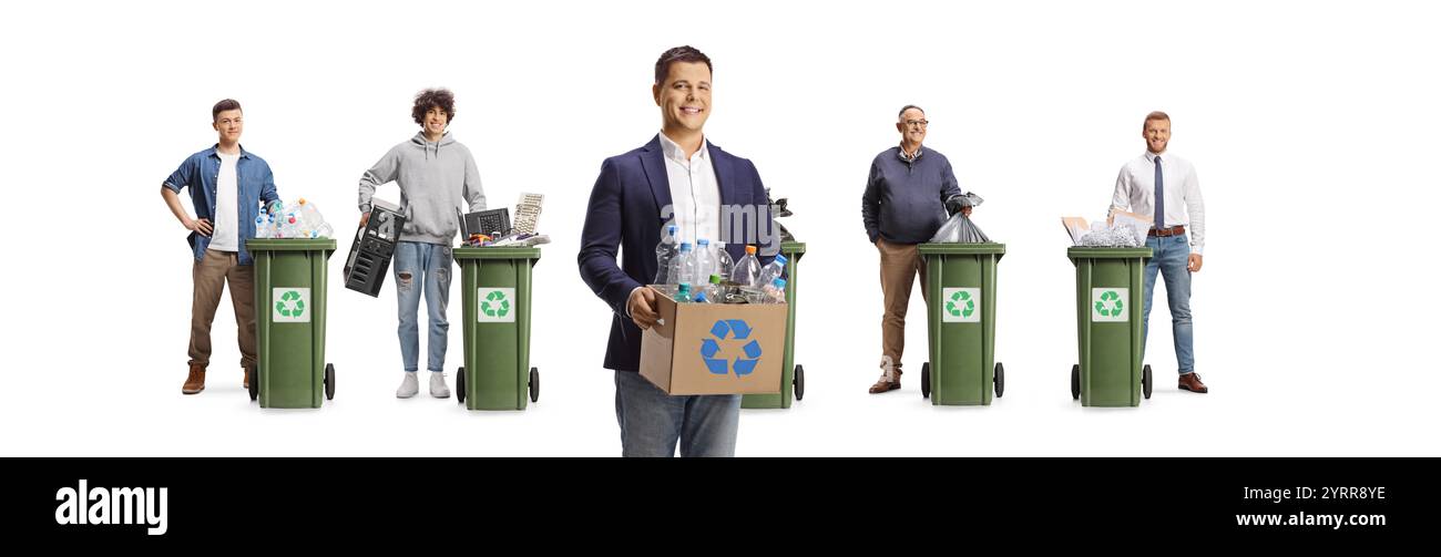 Group of men recycling plastic, glass, paper and electronic waste ...