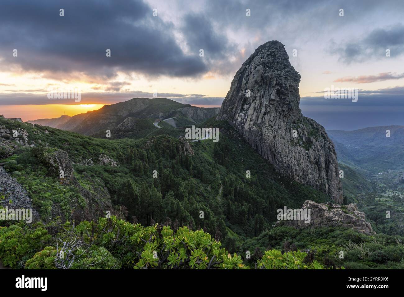 View of the Roque de Agando rock tower, one of La Gomera's landmarks ...