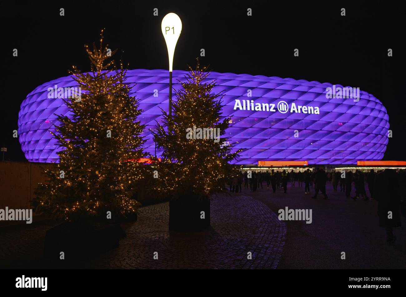 Advent season, Christmas tree in front of Allianz Arena illuminated ...