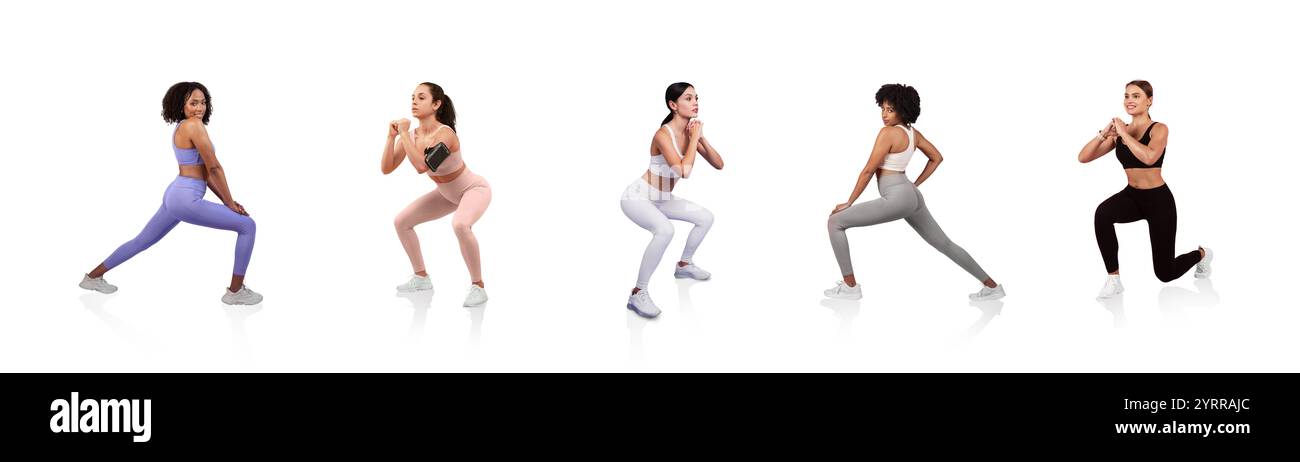 Diverse group of women performing various exercise squats indoors Stock ...