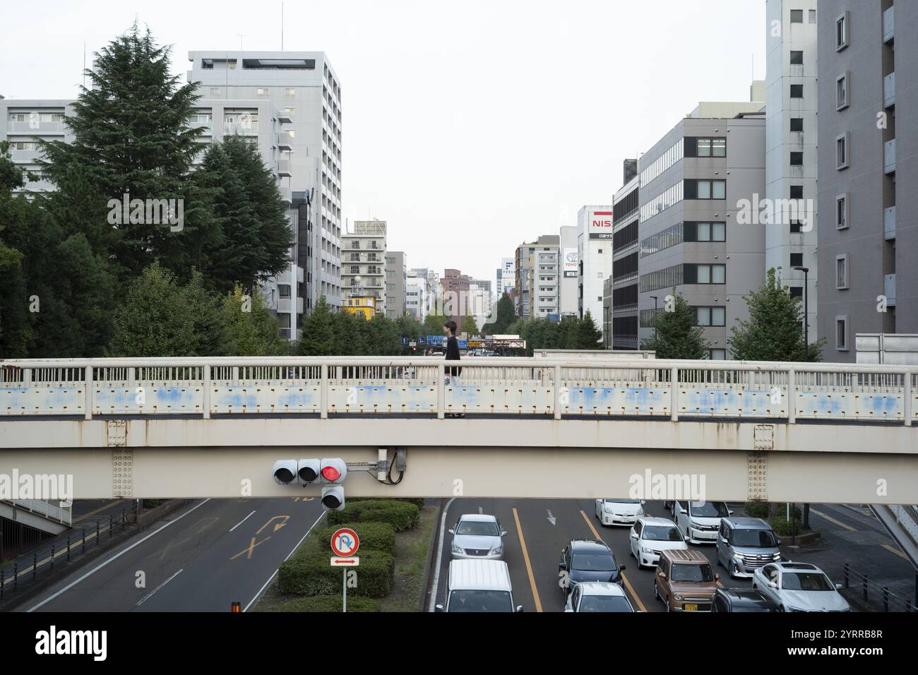 Person alone, pedestrian crossing bridge, road crossing, Sendai, Japan ...