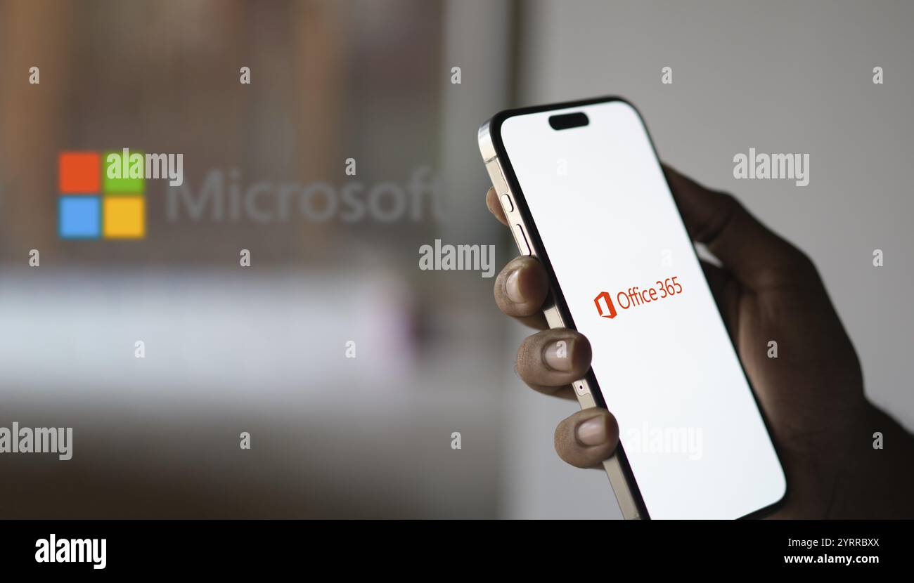 Dhaka, Bangladesh 04 Sep 2024:Microsoft Office 365 logo is seen on a smartphone and a pc screen ...