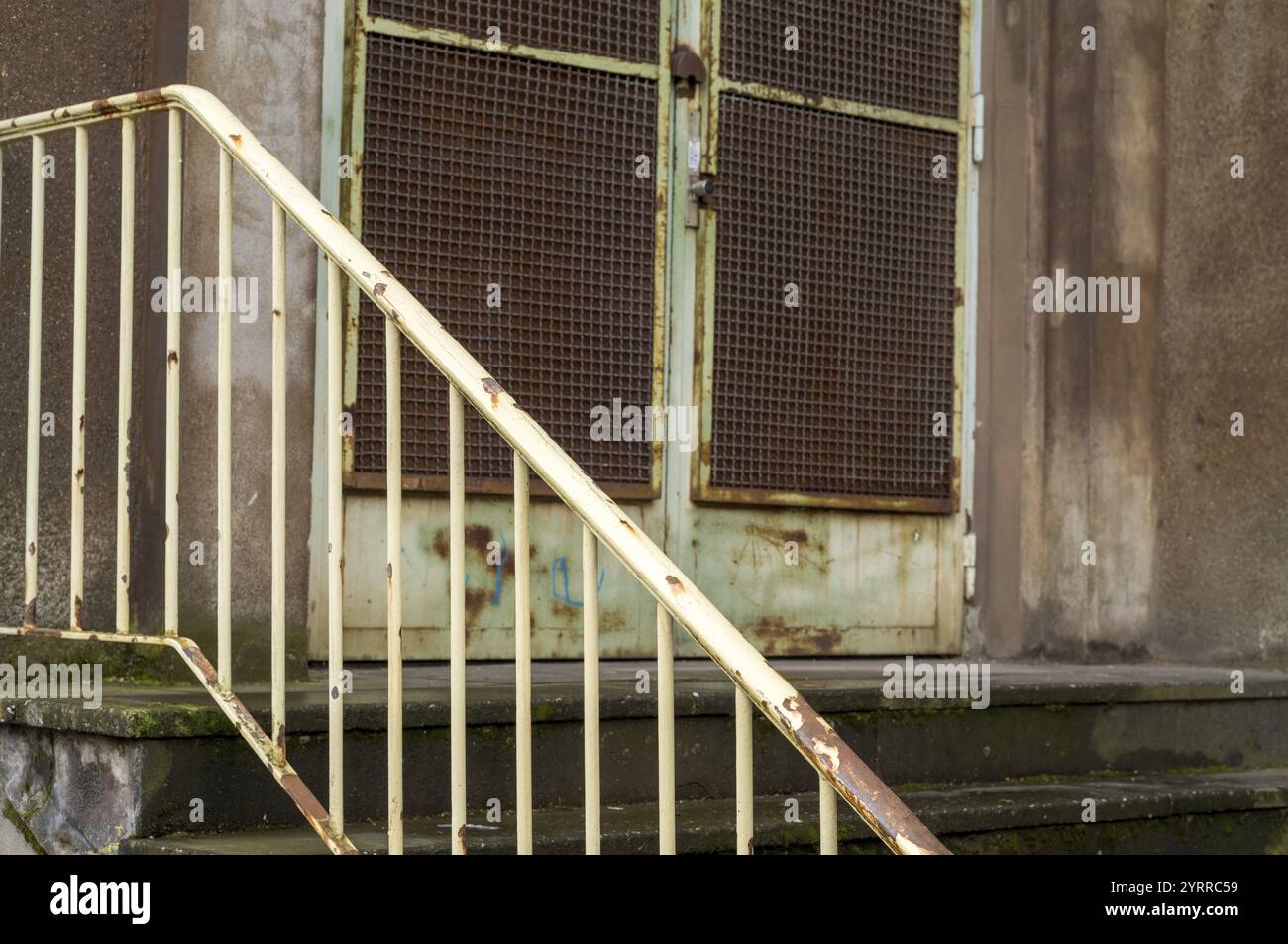 Rusty metal door with mesh screen and a rusty handrail leading up steps ...