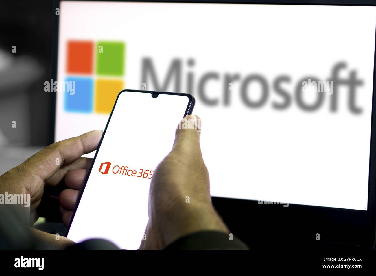 Dhaka, Bangladesh 04 Sep 2024:Microsoft Office 365 logo is seen on a smartphone and a pc screen ...