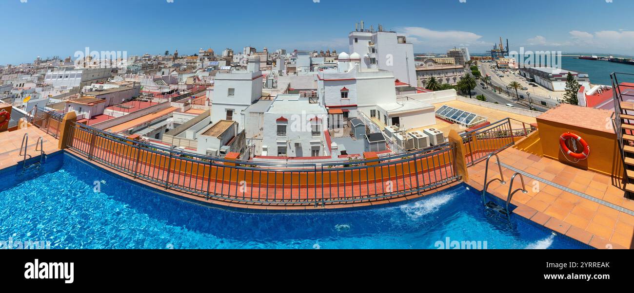 A panoramic view from a rooftop pool in Cadiz, Spain, overlooking the ...