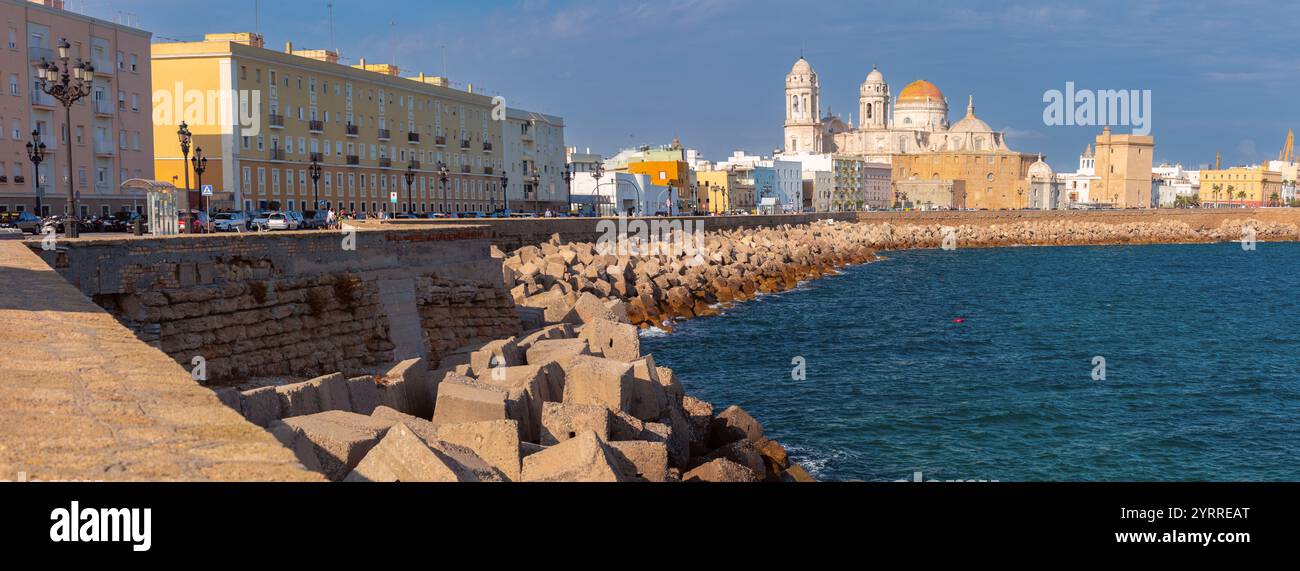 Panoramic view of the Cadiz waterfront in Spain, featuring the iconic ...