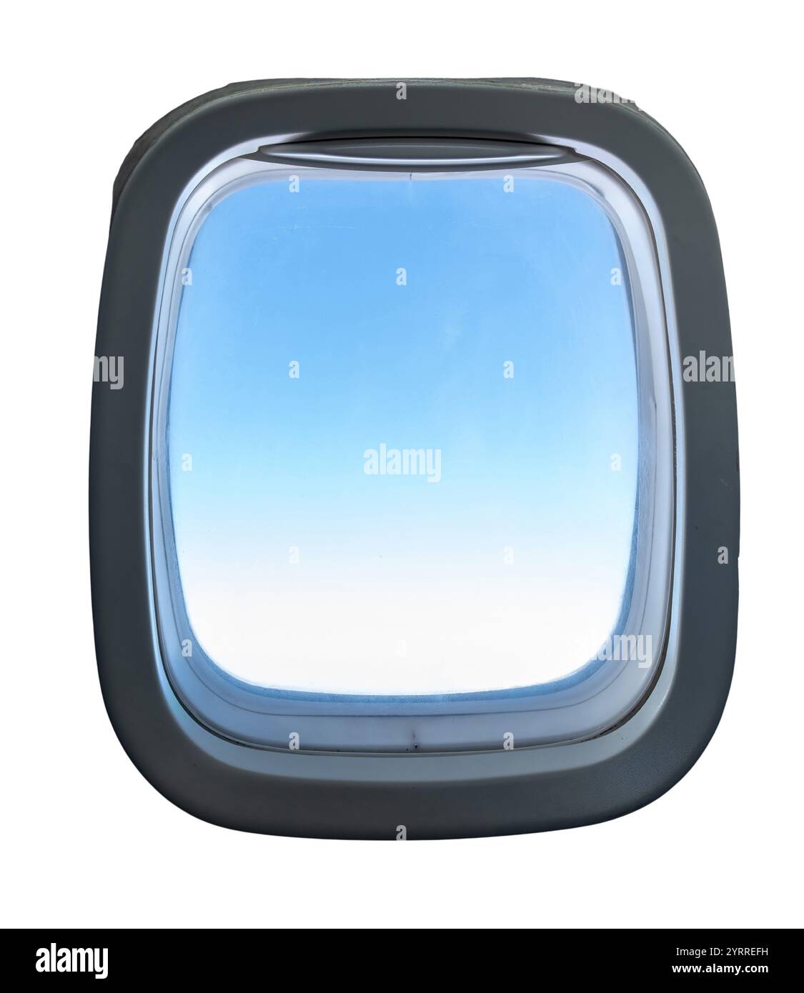 Plane porthole isolated on white background. Blue sky view out of an ...