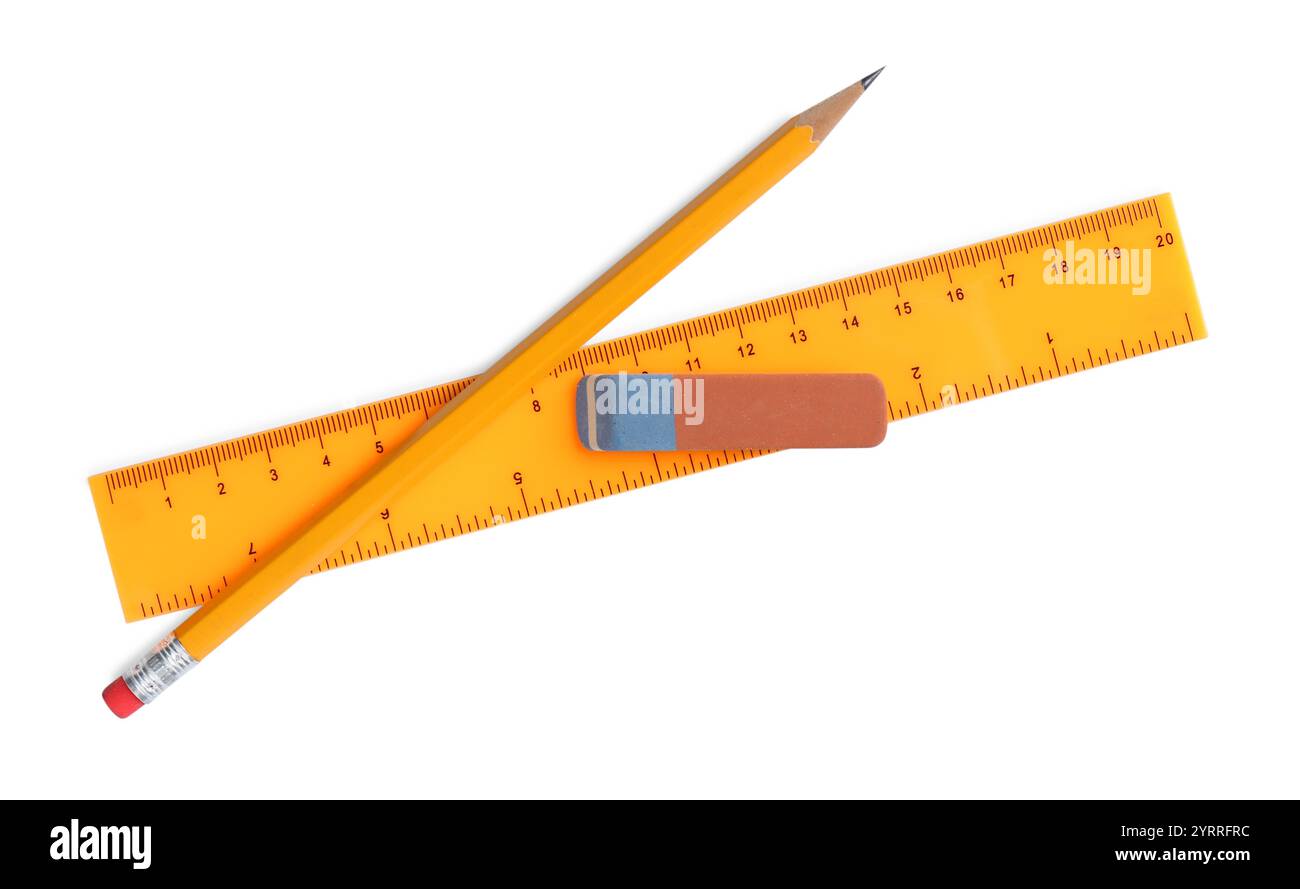 Ruler, pencil and eraser isolated on white, top view Stock Photo - Alamy
