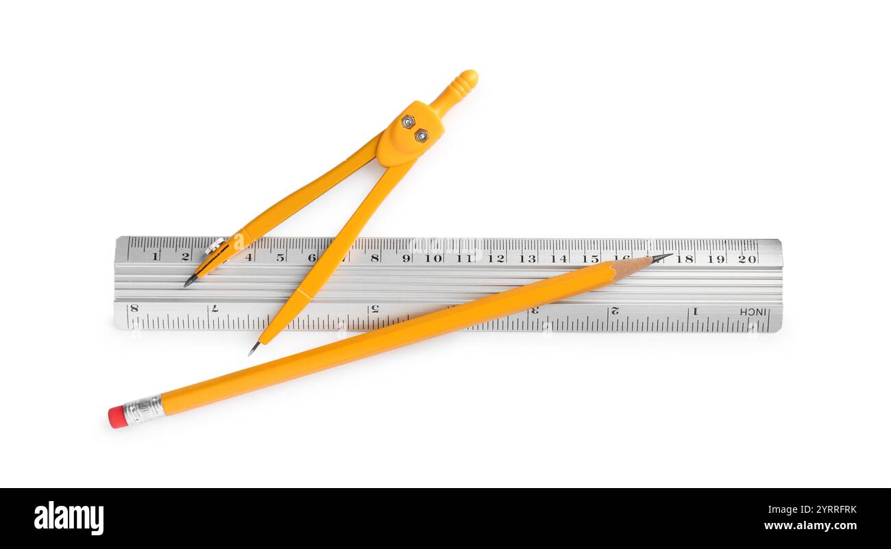 Ruler, pencil and compass isolated on white, top view Stock Photo - Alamy
