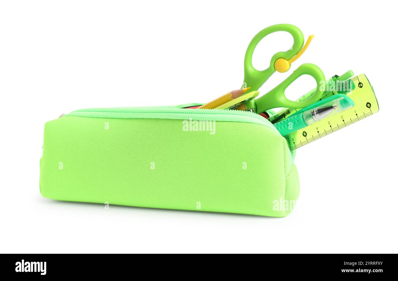 Different stationery in pencil case isolated on white Stock Photo - Alamy