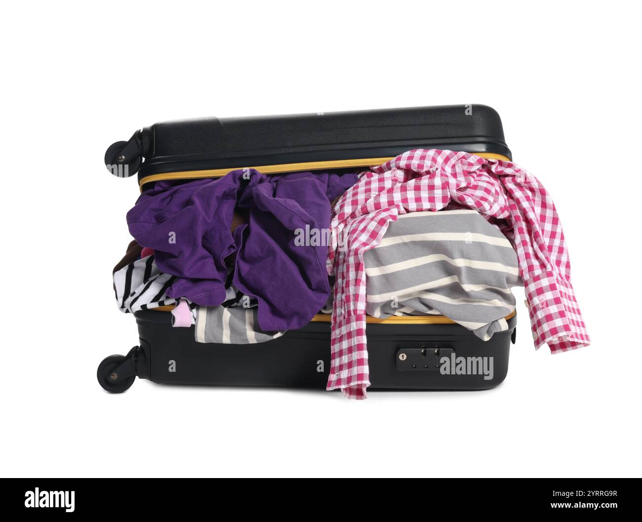 Packed suitcase full of clothes isolated on white Stock Photo - Alamy