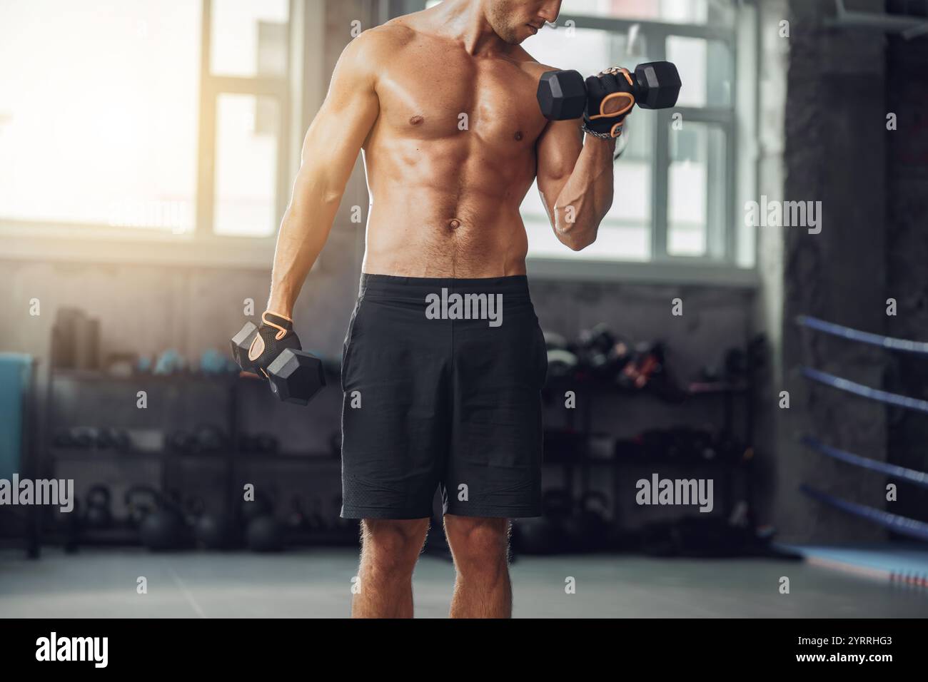 Dedicated Male Bodybuilder Engaged in Lifting Weights in a Modern Gym ...