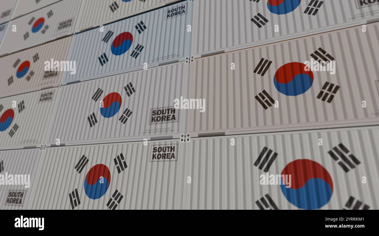 South Korea export production and import cargo containers in row business concept. South Korean ...