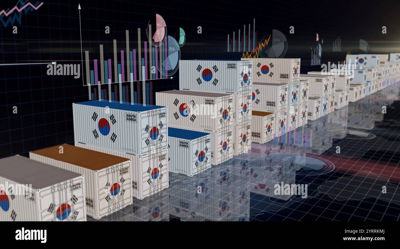 South Korea export production and import cargo containers on charts and ...