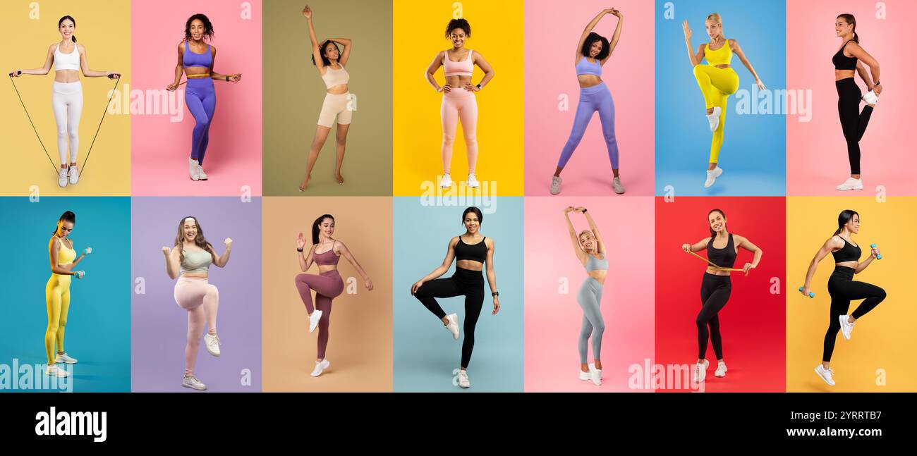 Women engaging in diverse fitness activities against colorful ...