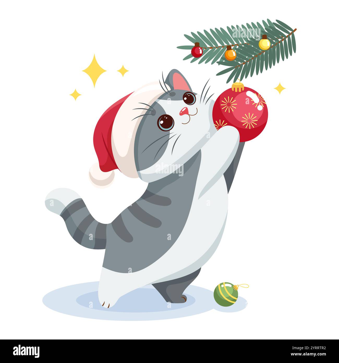 Vector illustration of a cute cartoon grey cat in a Santa hat ...