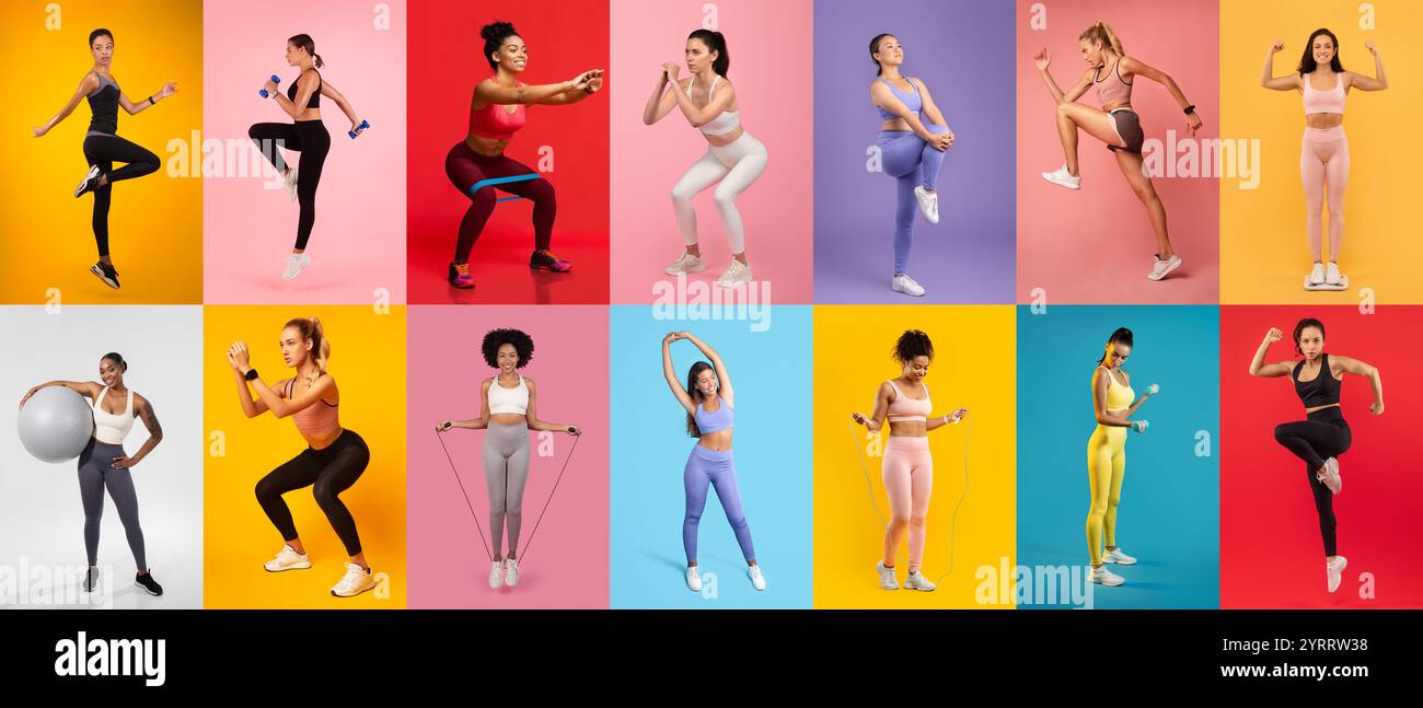 Women of diverse backgrounds enjoying different fitness activities ...