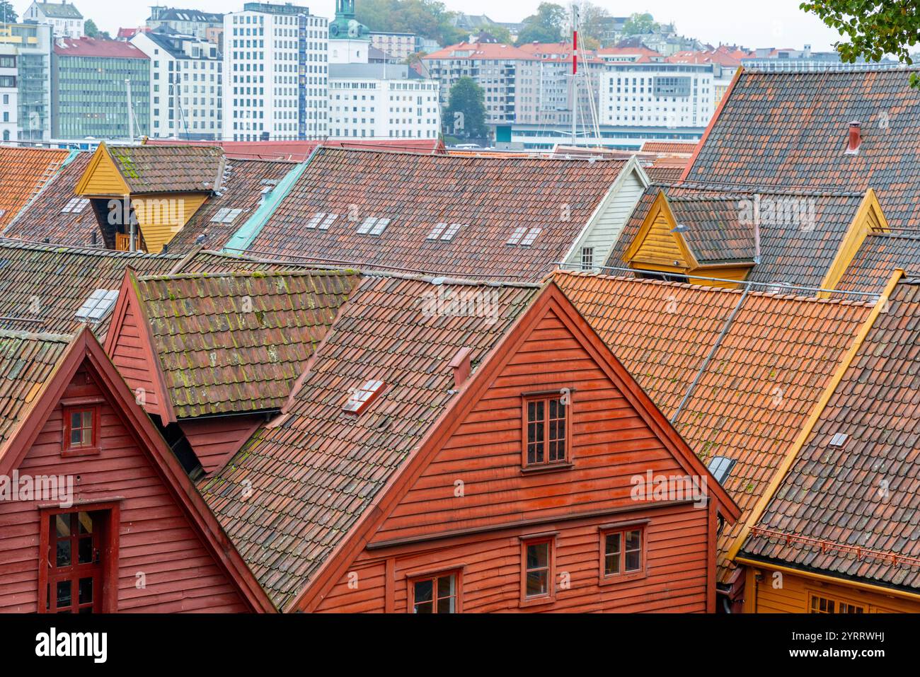 Bryggen, unesco world heritage site, rooftops of wooden architecture,Bergen city centre,Norway ...