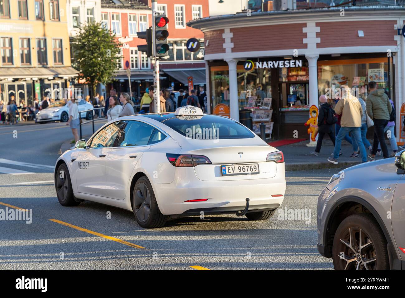 Bergen city centre,Norway. White Tesla Model 3 electric vehicle car ...