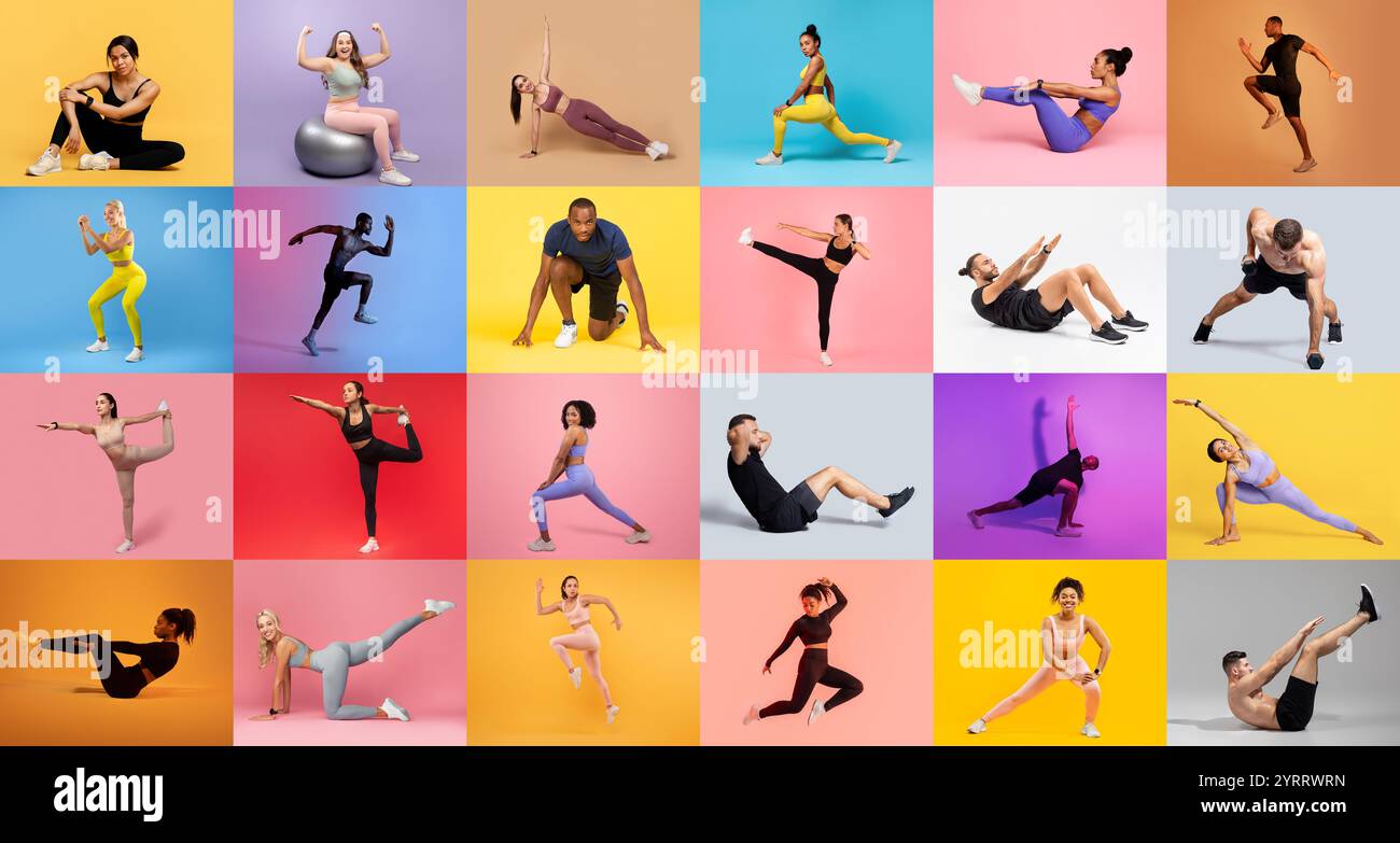 Dynamic group of athletes showcasing various workout routines in ...