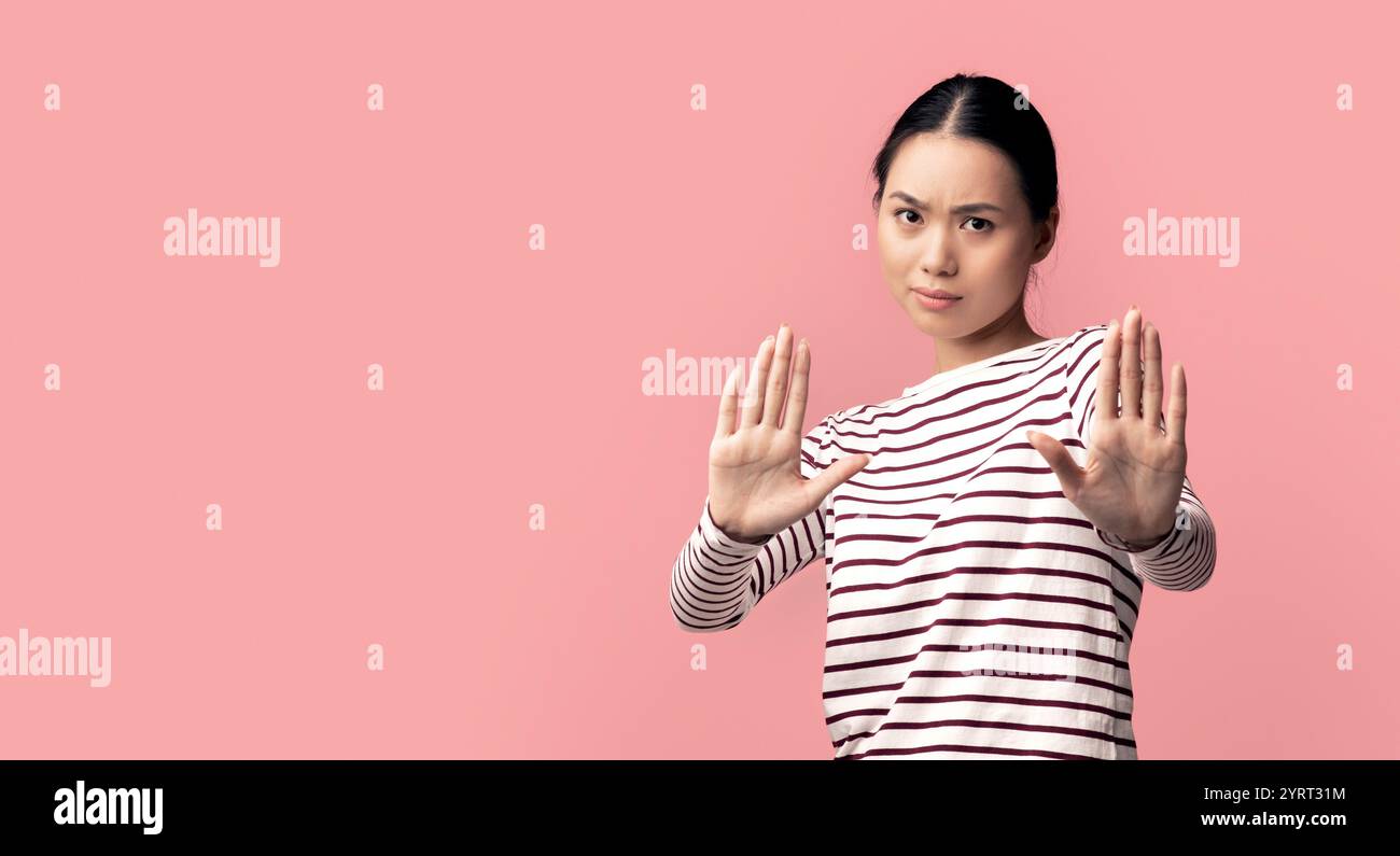 Refusal. Portrait Of Unpleased Asian Lady Showing Stop Gesture With Two ...