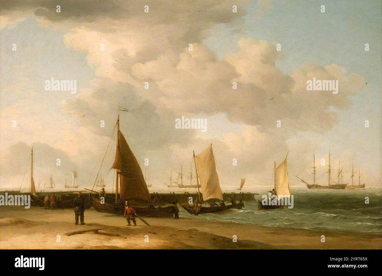 Charles Brooking (1723-1759) - A Dutch Beach Scene with a Man-of-War in ...