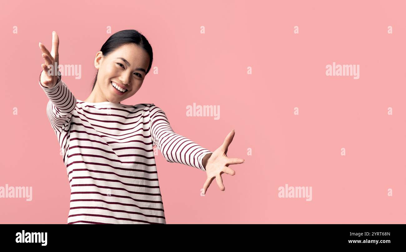 Give Me Hug. Portrait Of Positive Asian Woman Stretching Hands At ...