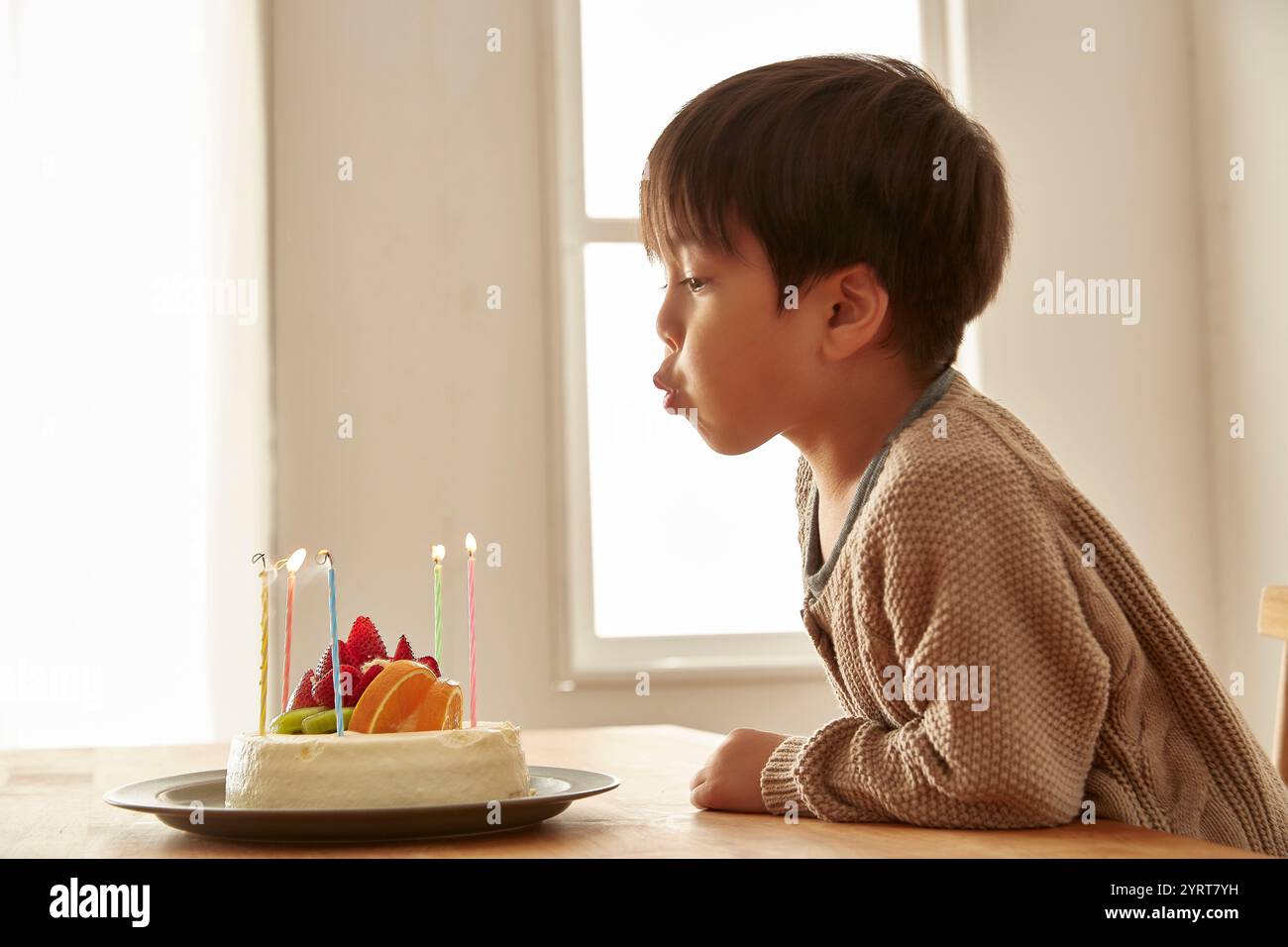 A boy blowing out the candles on a celebration cake Stock Photo - Alamy