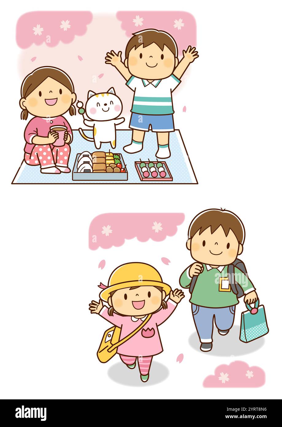 Boy, girl and cat viewing cherry blossoms; schoolchildren and first ...