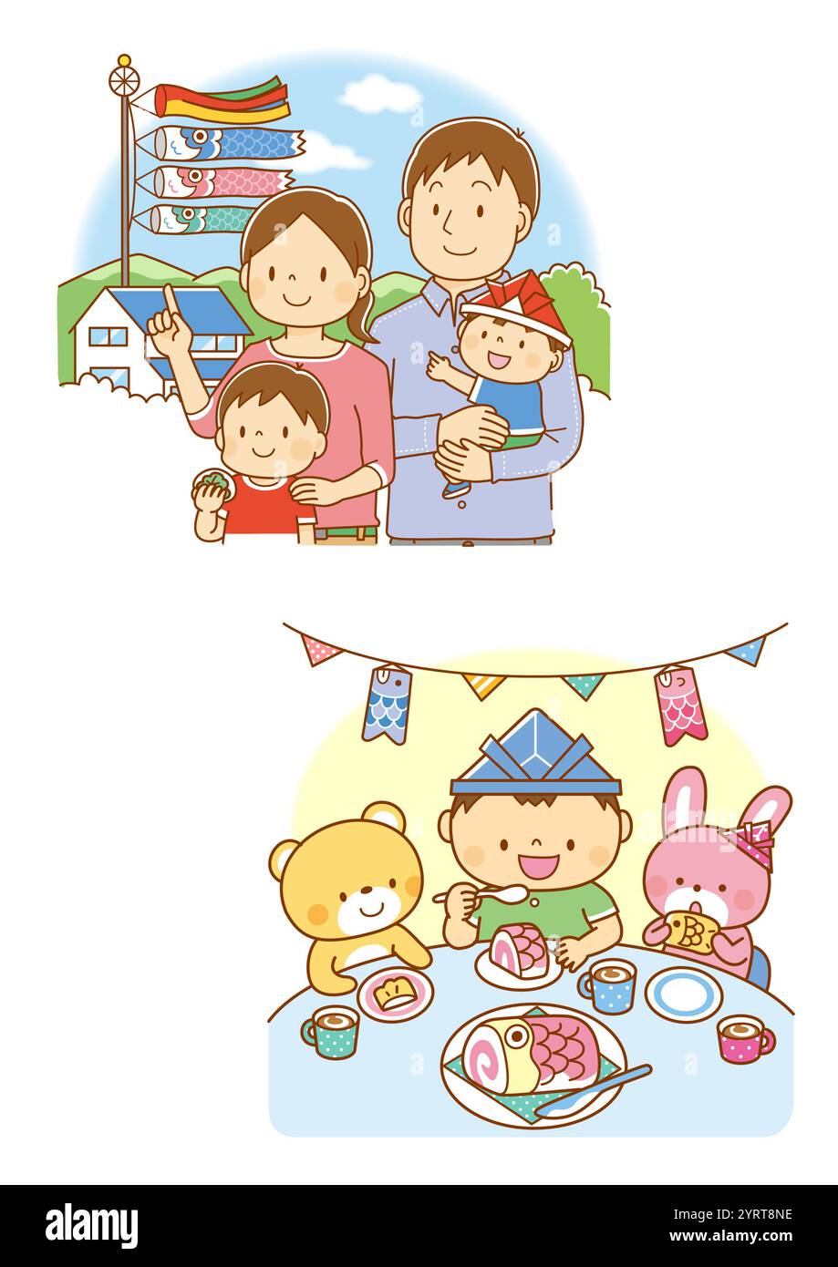 Carp streamers and family, children and animals eating cake in the ...