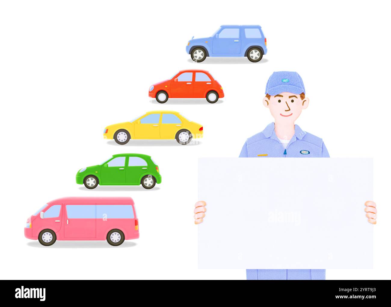 Mechanic with board and five cars Stock Photo - Alamy