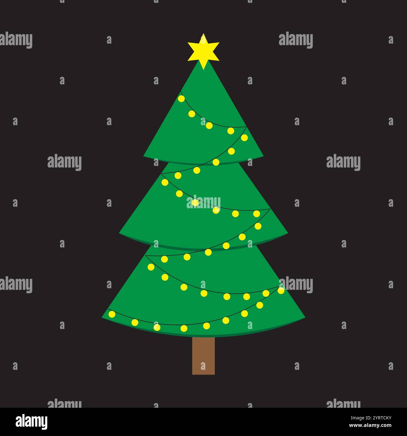 Decorated Christmas tree. Yellow star topper. Festive green icon. Black ...